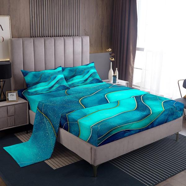 商品名:  Erosebridal Sea Ocean Waves Bed Sheets Teal Blue Tie Dye Full Sheet Set Gold Geometric Stripe Sheets Abstract Marb...