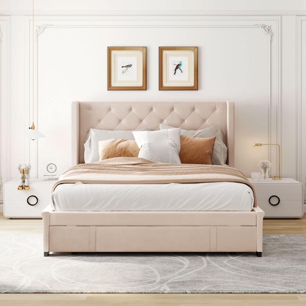 商品名:  Yoluckea Queen Size Bed Frame with Storage Drawer, Velvet Upholstered Platform Bed with Wingback Headboard, Strong...