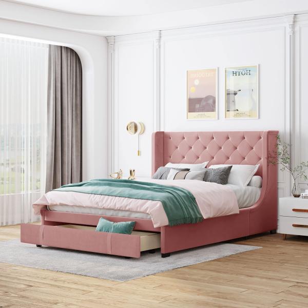 商品名:  Yoluckea Queen Size Bed Frame with Storage Drawer, Velvet Upholstered Platform Bed with Wingback Headboard, Strong...