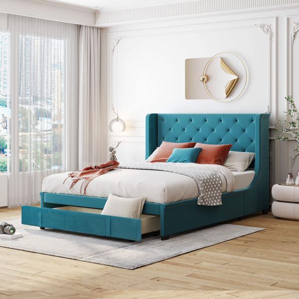 商品名:  Yoluckea Queen Size Bed Frame with Storage Drawer, Velvet Upholstered Platform Bed with Wingback Headboard, Strong...