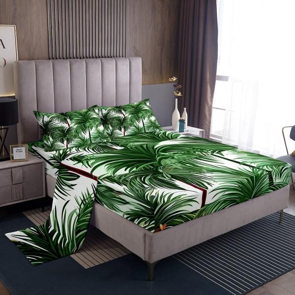 商品名: ヤシの木のプリントベッドシーツセット ヤシの葉シーツセット ティーン向け ボタニカルネイチャーテーマシーツ 深いポケット付き ボックスシーツ ウルトラソフト ハワイアン トロピカルアイランド 装飾 寝具セット クイーンサイズ Fe...