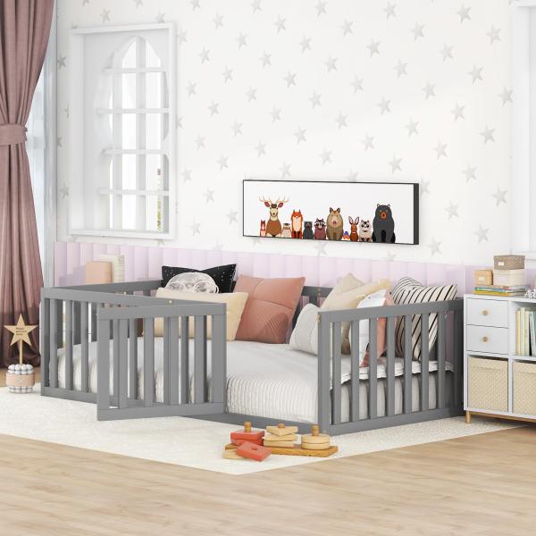 商品名:  Harper &amp; Bright Designs Floor Platform Bed Twin Size with Fence and Doors, Grounded Bed Frame for Small Space,...