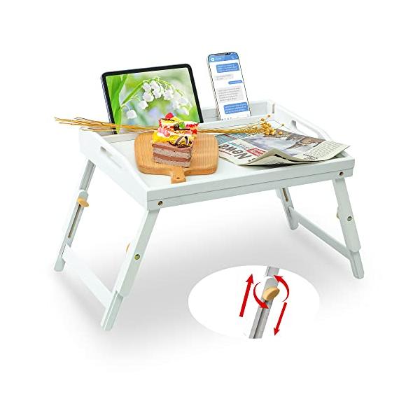 商品名: 食事用ベッドトレイテーブル ? 竹製朝食フードテーブル 電話タブレットホルダー付き ? 高さ調節可能なホワイトサービングトレイ ラップソファの折りたたみ脚付き ? ポータブルノートパソコンスナック大皿 寝室ピクニック用 Bed T...