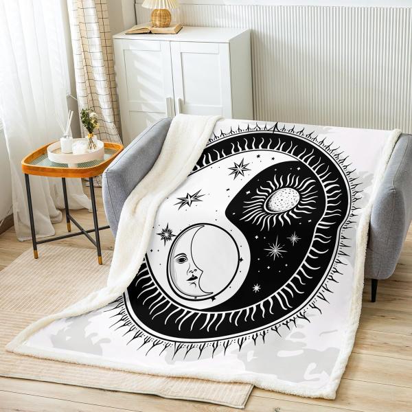 商品名: 陰陽フリーススローブランケット ボーホー 月 太陽 プラッシュブランケット ベッド ソファ カウチ ボヘミアン トリッピー シェルパ ブランケット サイケデリック ピースサイン パターン ファジーブランケット 部屋の装飾 クイーン...