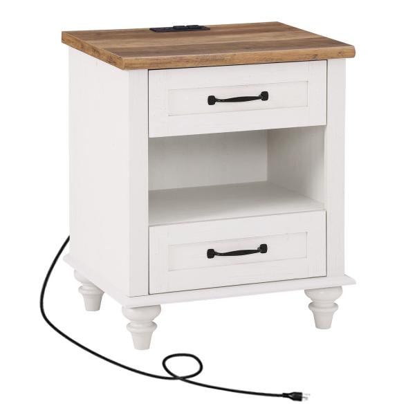 商品名:  WAMPAT White Nightstand with Charging Station, Side Table with Two Drawers &amp; Open Shelf, Mid-Century End Table...