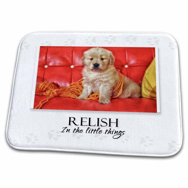 商品名:  Dish Drying Mat - Adorable golden retriever puppy playing on a red sofa with RELISH the Little Things and paw prin...