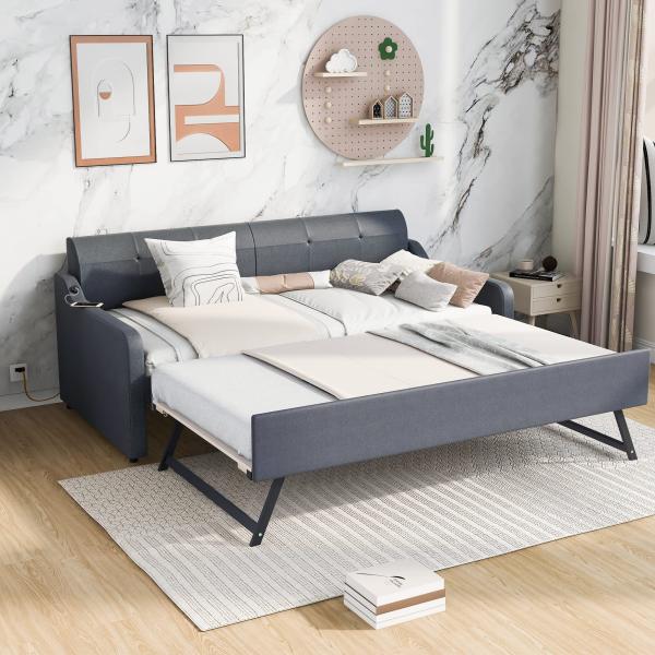 商品名:  Flieks Upholstered Elegant Daybed with Adjustable Pop Up Trundle and USB Charging Design, Twin Size Sofa Bed with ...