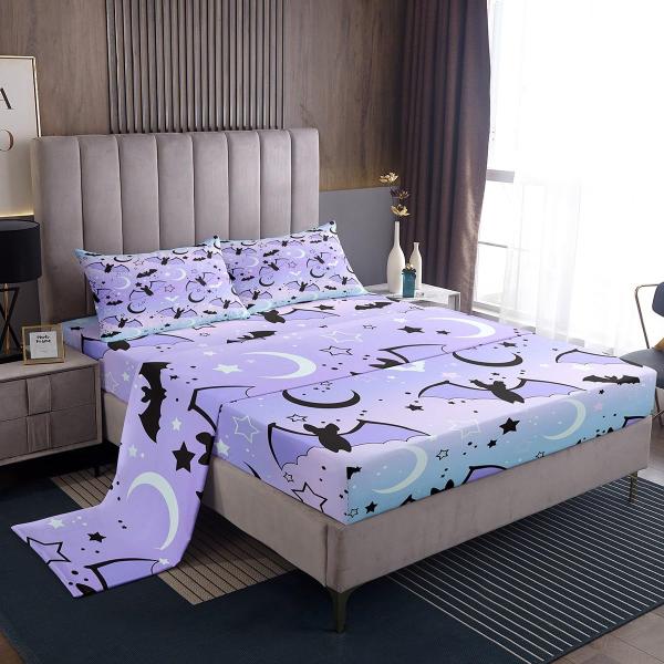 商品名: ハロウィンシーツ ディープポケット ボックスシーツ レインボーシーツセット 男の子 女の子 子供 コウモリ 月 星 プリント ベッドシーツセット ハロウィーン テーマ パープル グラデーションスタイル ルーム 装飾 クイーンサイズ...