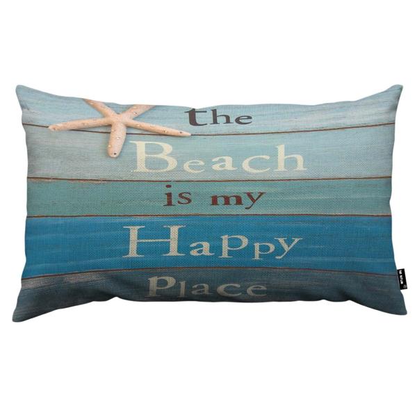 商品名: TKS MITLAN The Beach is My Happy Place フレーズクッションカバー 12x20インチ ヒトデ 木製ボード背景 面白い引用句 リネン カウチ ベッド ソファ 車 ウエスト クッションカバー 12 ...