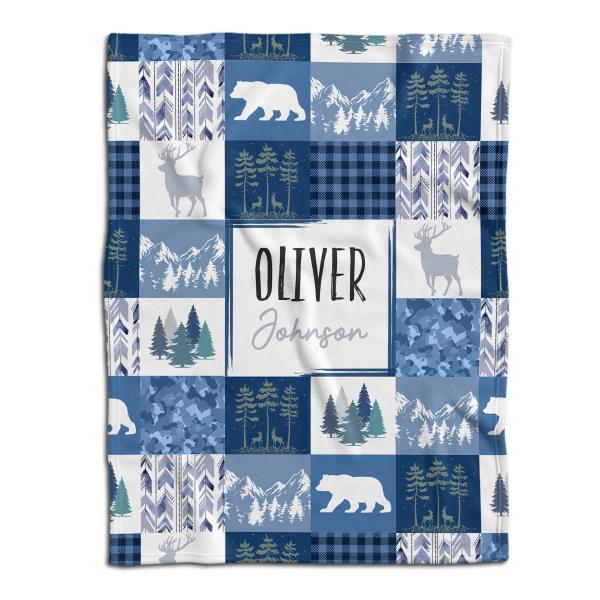 商品名:  Custom Woodland Monogram Animal Blanket with Name, Blue Woodland Nursery Print Fleece Mono Letter Print Crib Beddi...