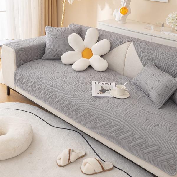 商品名: XSlive ファームハウス コットンキルトソファカバー 織りパターン 刺繍 セクショナルカウチカバー ソフト ノンスリップ ソファ スリップカバー 家具プロテクターカバー ペット 子供 犬 猫用 (グレー、71.1 cmx119...