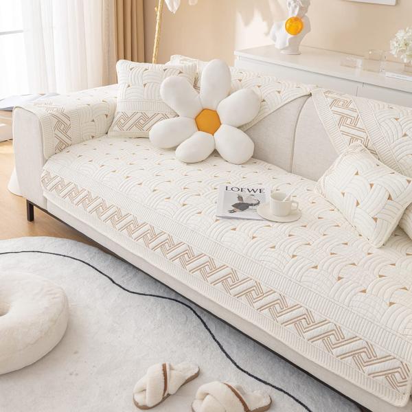 商品名: XSlive ファームハウス コットンキルトソファカバー 織りパターン 刺繍 セクショナルカウチカバー ソフト ノンスリップ ソファ スリップカバー 家具プロテクターカバー ペット 子供 犬 猫用 (アイボリー、71.1 cmx1...