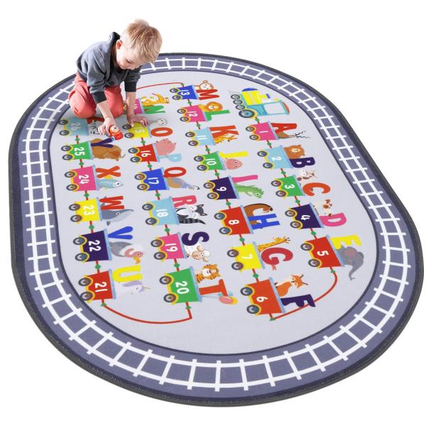 商品名:  HiiARug Small Playroom Rug, Kids Playmat ABC Alphabet, Numbers, Train and Road Themed Play Mat Educational Floor C...