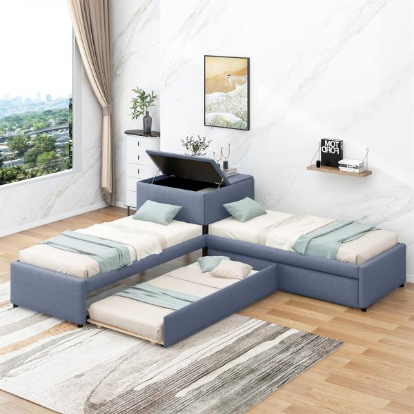 商品名:  Bellemave L-Shape Upholstered Twin Beds with Trundle and Storage Drawers Size Two Platform Linen Corner Bed Desk f...