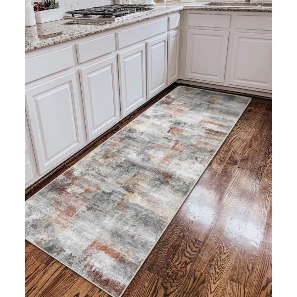 商品名: vivorug ランナーラグ 2フィートx8フィート 洗濯機洗い可能 ノンスリップランナー 廊下 キッチン 玄関 ランドリールーム モダン 抽象的 カーペット 廊下ランナー グレー/ラスト vivorug Runner Rug 2...