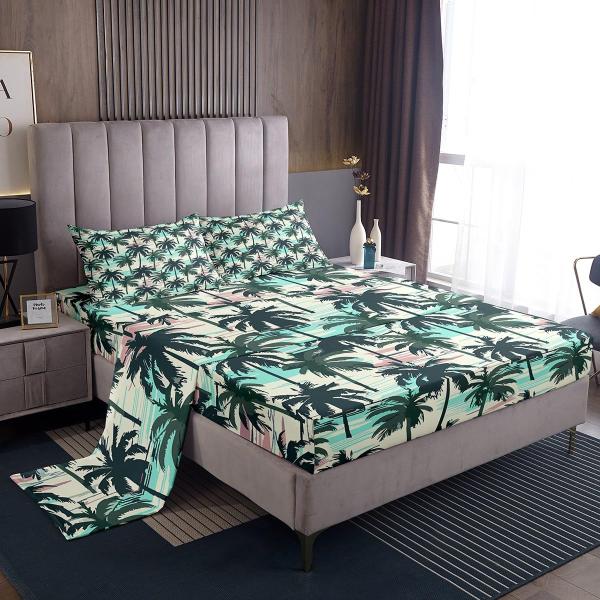 商品名: ヤシの木のプリントシーツセット キッズ ヤシの葉シーツ 深いポケット付き フィットシーツ ティーン用 ボタニカルネイチャーテーマ ベッドシーツセット ハワイアン トロピカルアイランド サンセット グリーン 寝具セット ルームデコ ...