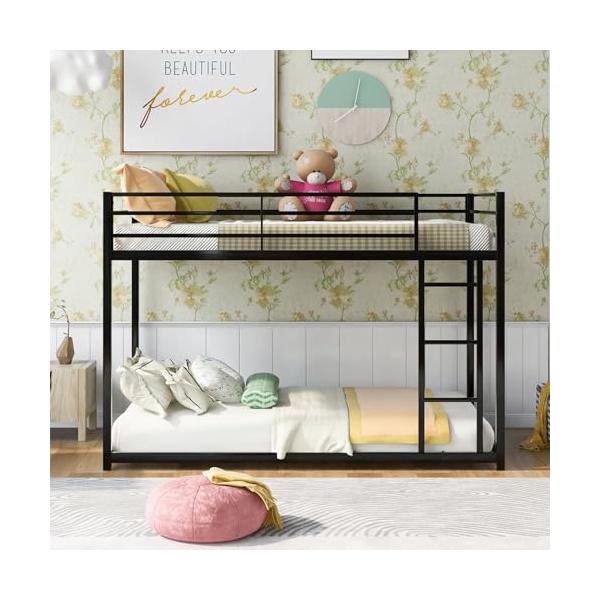 商品名:  HomJoones Low Metal Bunk Bed Frame for Kids, with Built-in Ladder, High Guardrail and Metal Slats, Floor Bed Botto...
