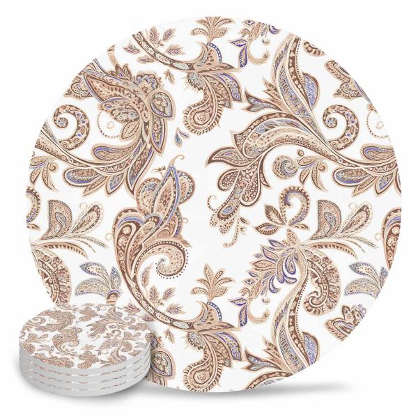 商品名:  Boho Coasters for Drinks Set of 8 with Holder, Paisley Pattern White Bohemian Style Ceramic Cup Mat, Absorbent Cer...