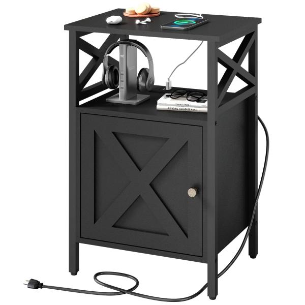 商品名: LDTTCUK 充電ステーション付きサイドテーブル 電源コンセント &amp; USBポート付きエンドテーブル 2段収納スペースと収納キャビネット ソファサイドテーブル 寝室 リビングルーム オフィス用 LDTTCUK Side ...