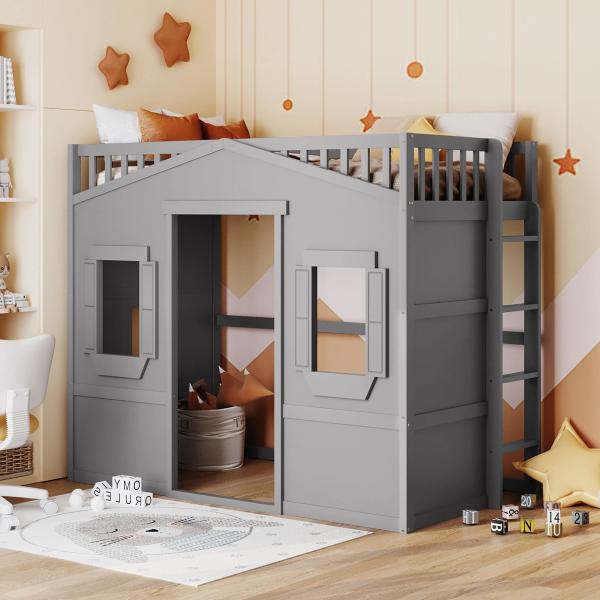 商品名:  Bellemave House Loft Bed Twin Loft Beds Solid Wood Frame with Window and Wall Fun Playhouse Bed with Ladder for Ki...