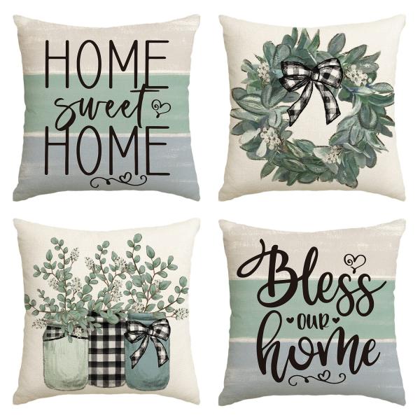 商品名: AVOIN colorlife Home Sweet Home ユーカリリース スロー枕カバー 18 x 18インチ Bless Our Home バッファローチェック クッションケース ソファ カウチ用 4枚セット AVOIN ...