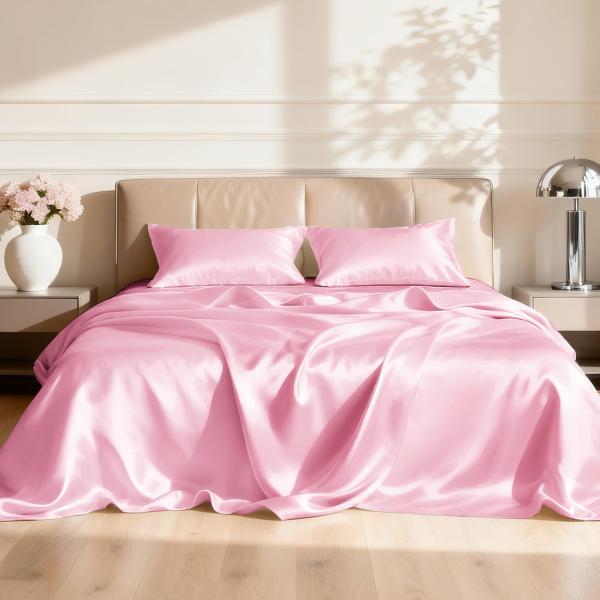 商品名:  Love's cabin Satin Queen Sheets Set - 4 Piece Pink Silky Bed Sheets Set with Deep Pocket, Luxury Silk Feel Satin Q...