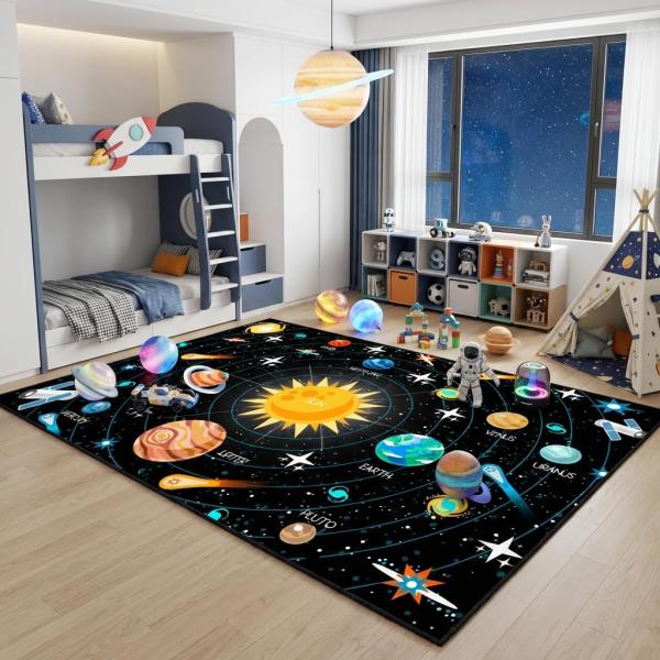 商品名: 宇宙ラグ Sサイズ 宇宙 太陽系 惑星テーマ カーペット キッズラグ プレイルーム 教育 学習エリアラグ リビングルーム 寝室 屋内用 クリスタル ポリエステル フロア ソファマット、2フィート×3フィート Outer Space...