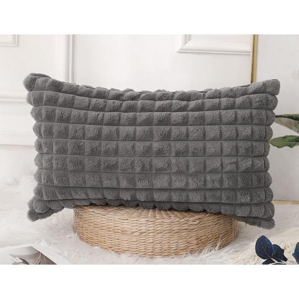 商品名: PANOD フェイクファー 装飾 ロングランバーサスロークッションカバー 14 x 24インチ 3D格子柄 フラシ天 ロング ボーホー 長方形 枕カバー クッションケース ベッド ソファ 寝室 リビングルーム用 グレー PANOD...