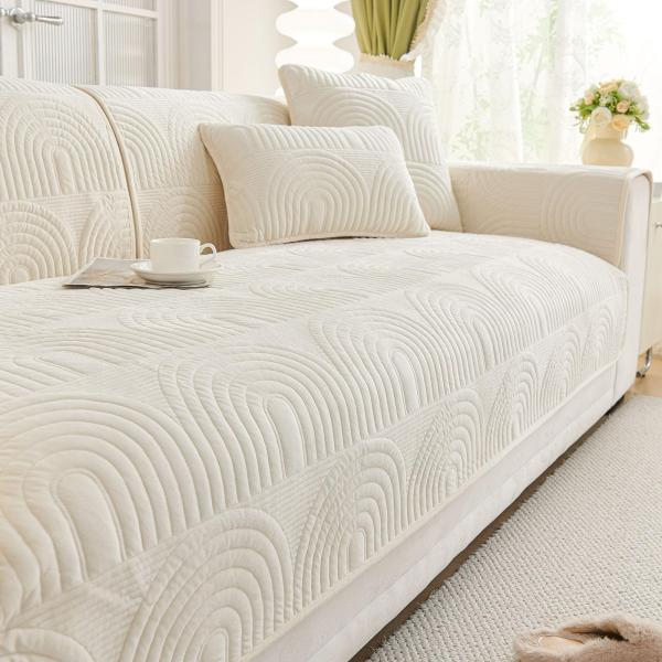 商品名: vctops ベルベットプラッシュカウチソファカバー 幾何学的キルトセクショナルカウチカバー ノンスリップ ふわふわ ソフトソファースリップカバー 犬、子供、ペット家具プロテクター(クリーム、28インチx71.1cm) vctop...