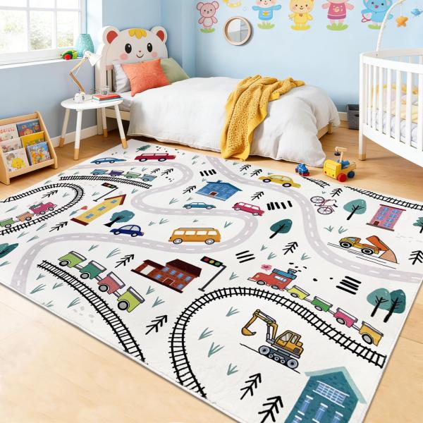 商品名: Lacomfy 子供用カーペットプレイマット 4x6フィート かわいいカーラグ 男の子 女の子 タウンスローラグ プレイルーム用 ロードマップ 教育エリアラグ 子供 寝室 教室用 屋内 屋外装飾 ホワイト Lacomfy Kids...