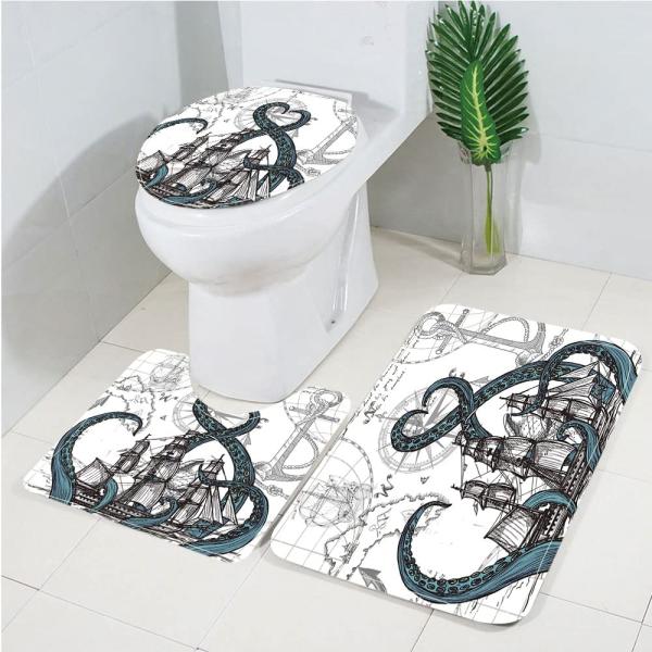 商品名: Nautical Pirate Ship and Anchor バスルームラグセット U字型マット、トイレの蓋カバー、滑り止めバスルームラグカーペット、クラーケンタコ吸収バスラグ、ベッドルームフロアマット リビングルームラグ、3個...