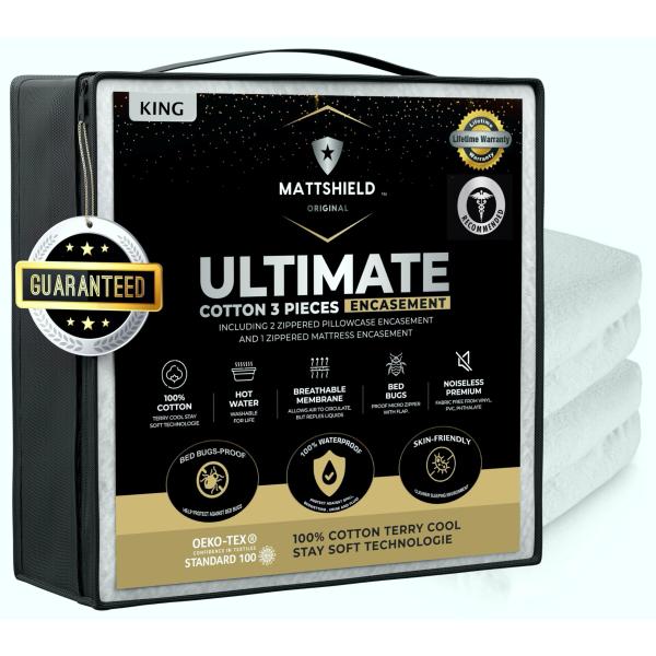 商品名: MATTSHIELD ニューアルティメット3ピースキット - トコジラミ防止マットレスカバーキングサイズ100%コットントップ+2クイーンピロープロテクタージッパー付き - 6面防水カバー、完全防御キット MATTSHIELD N...