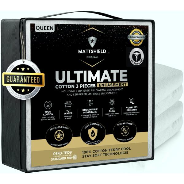 商品名: MATTSHIELD アルティメット3ピースキット - トコジラミ防止マットレスカバー クイーンサイズ 100%コットントップ + ジッパー付きピロープロテクター2枚 - 6面防水カバー、完全防御キット MATTSHIELD Ul...