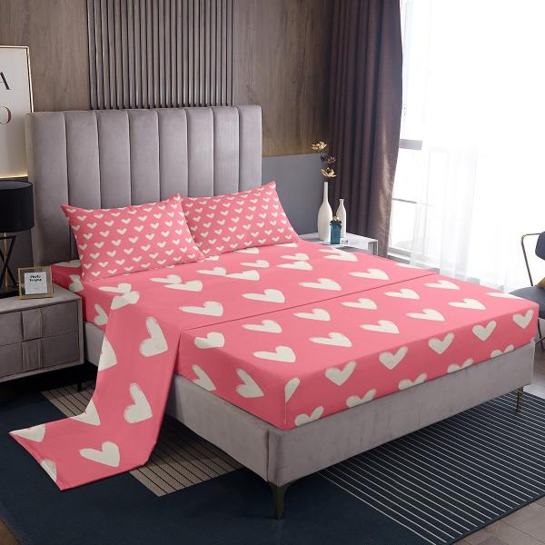 商品名:  Pink White Bed Sheets King Size Girly Kawaii Heart Pattern Bedding Set For Kids Boys Girls Women Valentine Day Gif...