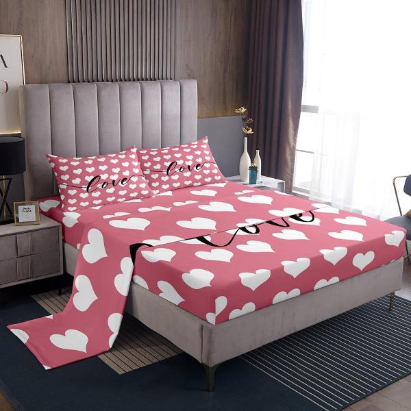 商品名:  Pink and White Bed Sheets King Size Girls Kawaii Heart Pattern Fitted Sheet Valentine Bedroom Decor Women Love Hea...