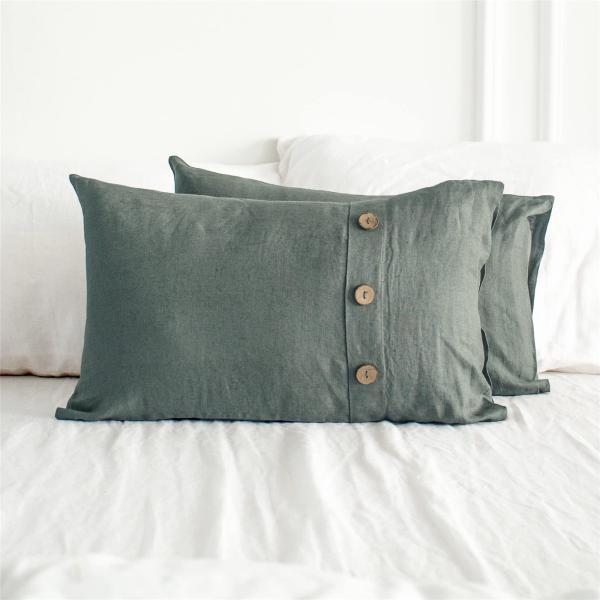 商品名: Simple&amp;Opulence リネン100% 腰部クッションカバー 12 x 20インチ 長方形装飾枕カバー ヴィンテージトリプルココナッツボタン付き ソファ ベッド リビングルーム オフィスの装飾 クッシンググリーン ...