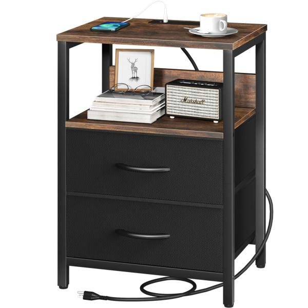 商品名: Yoobure 充電ステーション付き小型テーブル Yoobure Nightstand with Charging Station, Small Night Stand with Fabric Drawers and Storag...