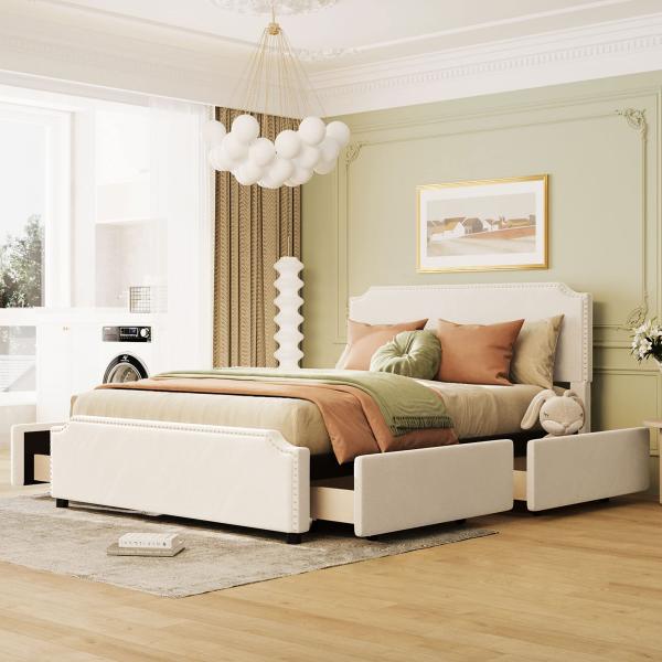 商品名:  Upholstered Queen Size Platform Bed Frame with Stud Trim Headboard and Footboard, Queen Bed Frame with 4 Drawers o...