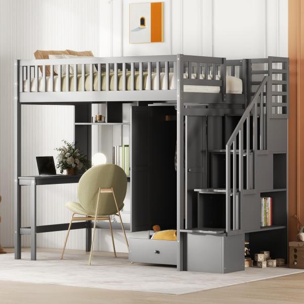 商品名:  Harper &amp; Bright Designs Twin Size Loft Bed with Bookshelf,Wood Bed Frame with Desk/Wardrobe,Multifunctional Lo...