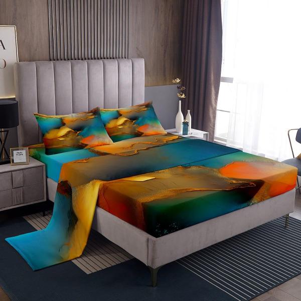 商品名: ブルーゴールド大理石ベッドシーツセット モダン大理石 美的シーツセット 子供 男の子 子供 レトロ 水彩 アートワーク デザイン シーツ 深いポケット付き ボックスシーツ 抽象的な大理石 寝具セット クイーンサイズ Blue Go...