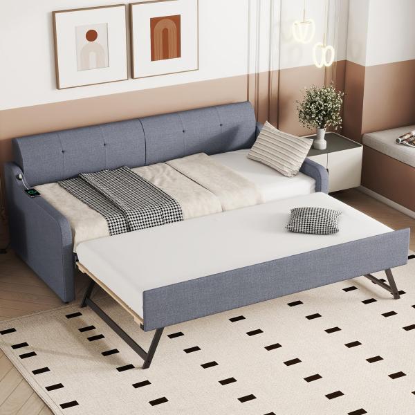 商品名:  Upholstered Daybed with Pop Up Trundle , Twin Size Daybed with Trundle and USB Charging Design, Trundle can be Fla...