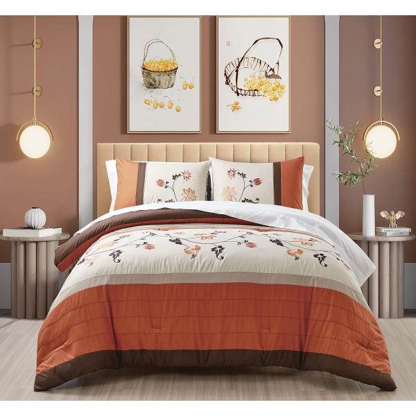 商品名:  Chezmoi Collection Daphne Bed in a Bag Queen 7-Piece Comforter Set with Sheets Luxury Autumn Floral Embroidery Ora...