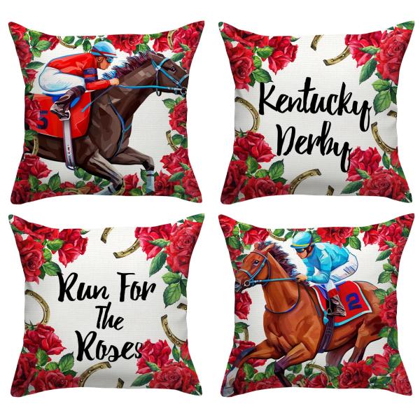商品名: FARMNALL リネン ケンタッキーダービー クッションカバー 18x18インチ 4枚セット ランフォーザローズ枕カバー 競馬デコレーション 馬蹄 馬 ゲーム ベッド カウチ ソファ 枕 カーチェアピロー FARMNALL Ke...