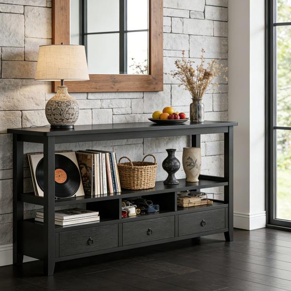 商品名: Karl Home コンソールテーブル 下段引き出し3個付き 幅58インチ ソファサイドテーブル 玄関デスク 収納カビー3個付き オープンシェルフ1個 ビンテージテレビスタンド 廊下 リビングルーム オフィス用 ブラック 高さ75...