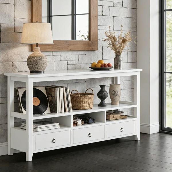 商品名: Karl Home コンソールテーブル 下段引き出し3個付き 幅58インチ ソファサイドテーブル 玄関デスク 収納カビー3個付き オープンシェルフ1個 ビンテージテレビスタンド 廊下 リビングルーム オフィス用 ホワイト 高さ75...