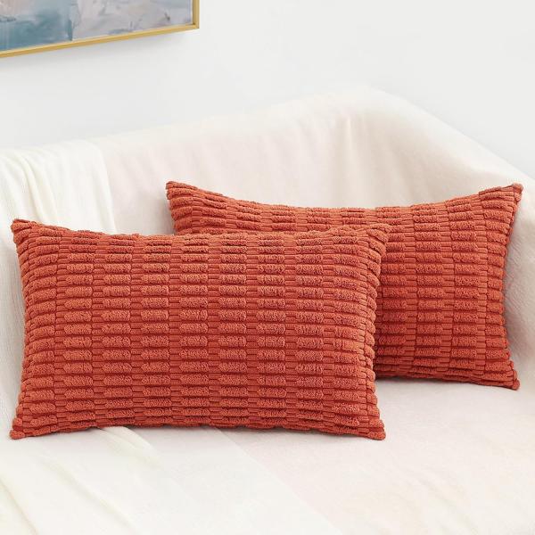 商品名: decorUhome 錆 秋 腰部装飾クッションカバー 12x20 2枚セット ソフトコーデュロイストライプ 長方形枕カバー カウチ リビングルーム ベッド ソファ用 decorUhome Rust Neutral Decorat...