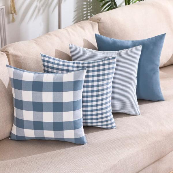 商品名: CARRIE HOME ライトブルー 枕カバー ファームハウス チェック柄 スローピロー 18x18 4枚セット 春夏ブルー 装飾枕 ニュートラル装飾 カウチ ソファ ポーチチェア用 グレーブルー CARRIE HOME Ligh...