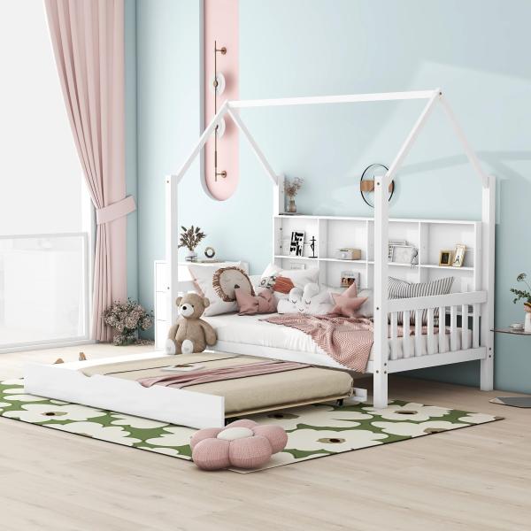 商品名:  Bellemave Twin Size House Beds with Trundle and Storage Shelves, Wood Kids House Bed, Kids Montessori Playhouse Be...