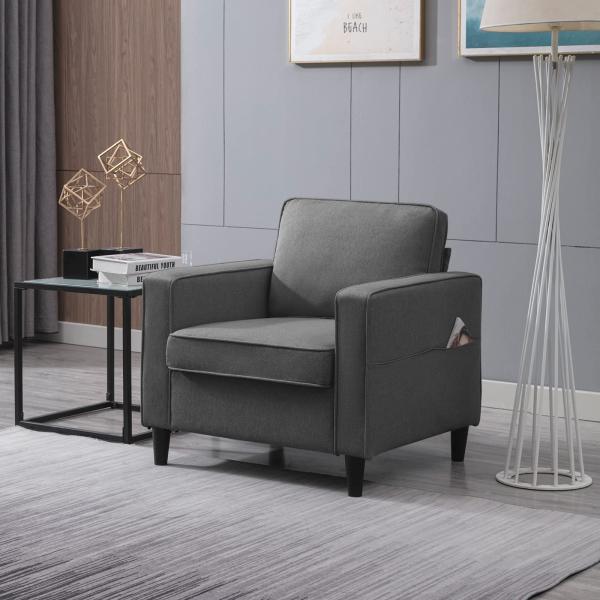 商品名: ZAFLY モダンアームチェア シングルソファ 布張りソファチェア リネン 快適なアームチェア 4つの収納ポケット付き リビングルーム用椅子 寝室用椅子 小さなスペース用 ダークグレー ZAFLY Modern Armchair ...