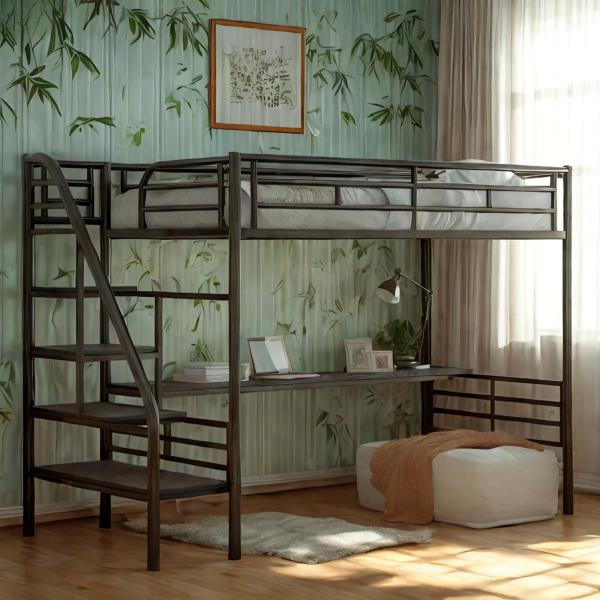商品名:  Bellemave Twin Size with Desk and Stairs Metal Loft Bed with Storage Shelves, Heavy-Duty High Loft Bed for Kids Te...